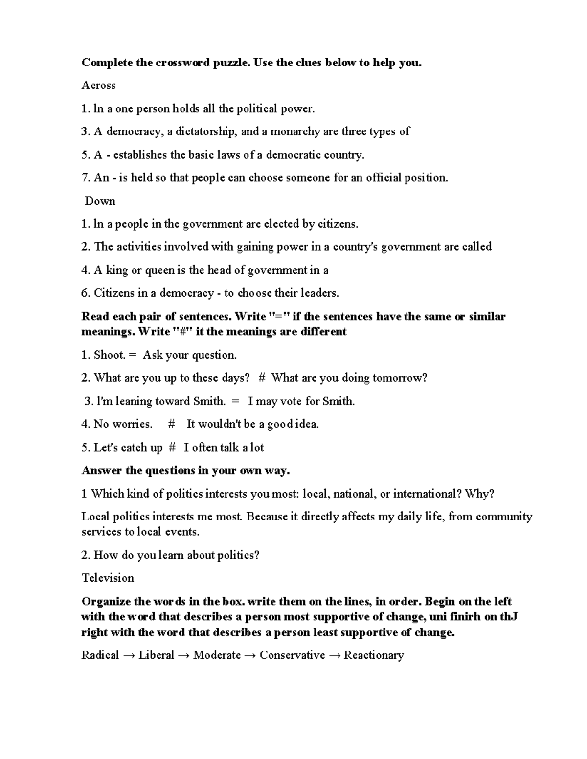 E-Learning 10: Political Vocabulary and Sentence Structure Exercises ...