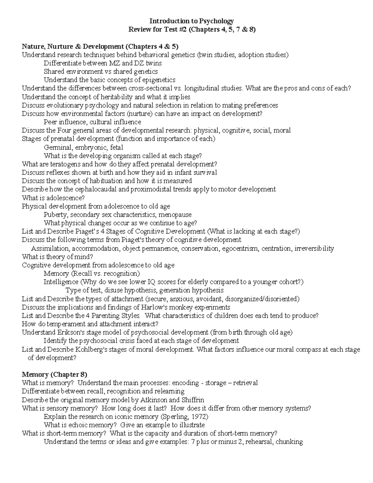 Introduction to Psychology Test #2 Review: Chapters 4, 5, 7 & 8 - Studocu