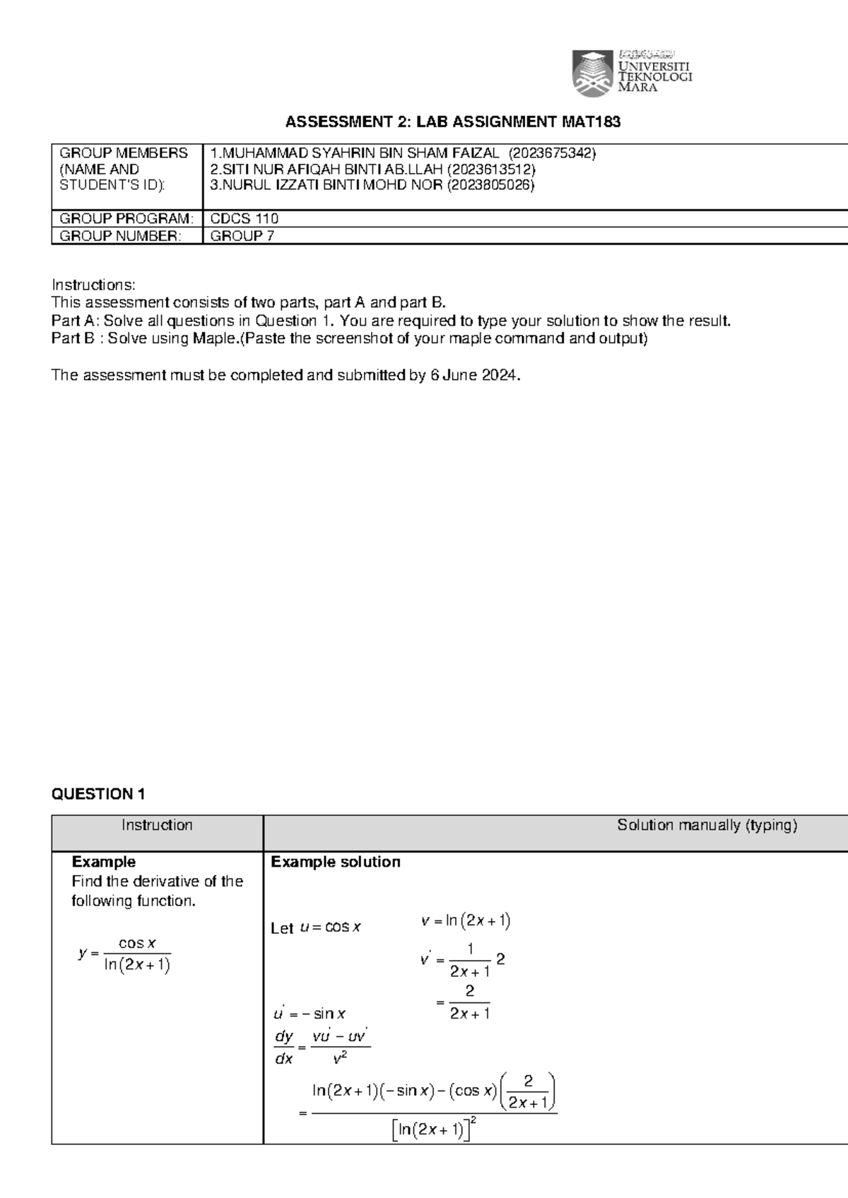 MAT183 Assessment 2: Lab Assignment & Group Members Details - Studocu