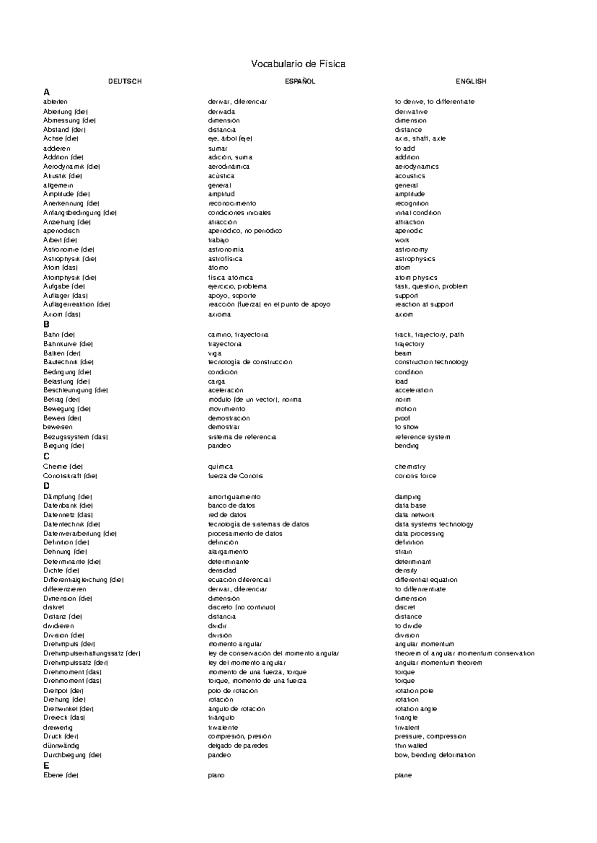 Glosario de Física (Vocabulario) - DEUTSCH, ESPAÑOL, ENGLISH - Studocu