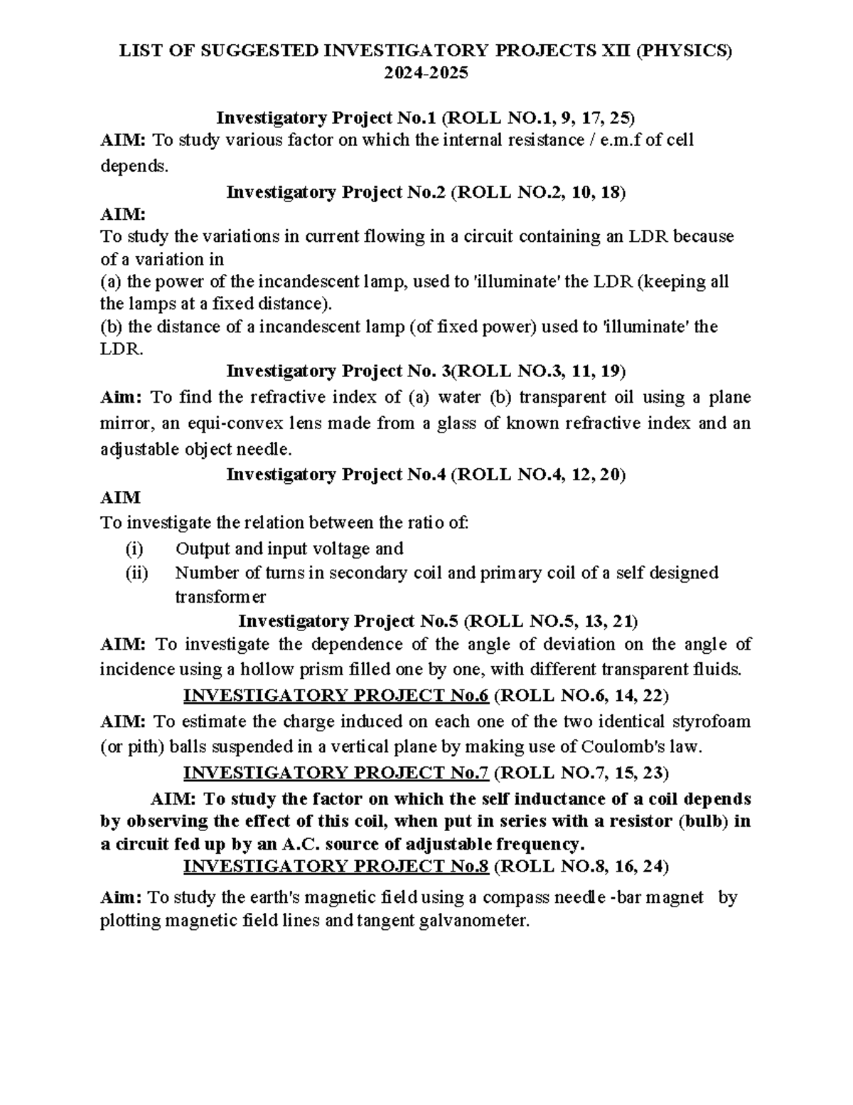 Investigatory Projects for Physics XII (2024-25) - Studocu