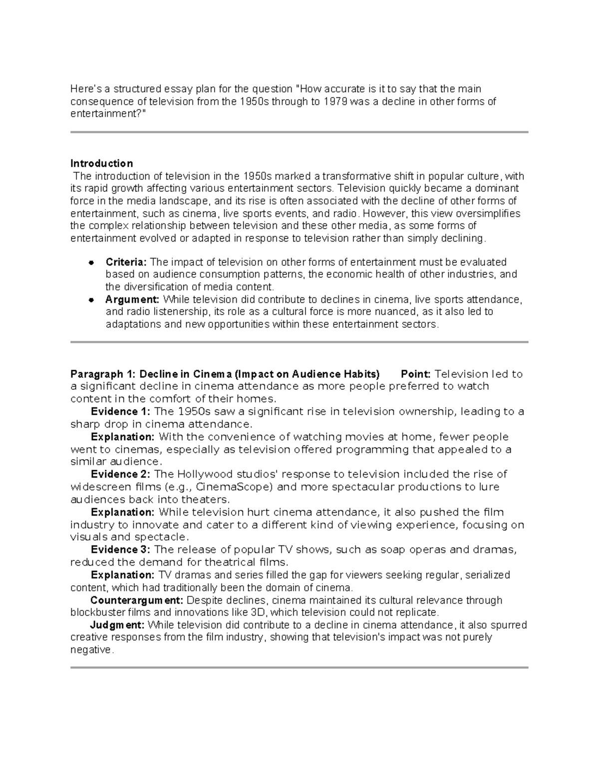History Essay Plan: The Impact of Television (1950s-1979) on ...