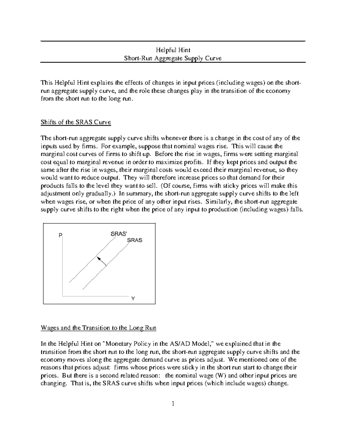 HH Short-run Aggregate Supply Curve - Helpful Hint Short-Run Aggregate ...