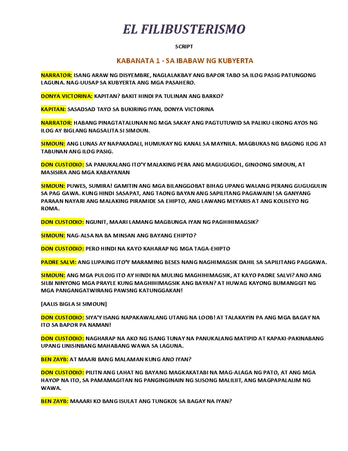 Script-NG-EL- El Filibusterismo Kabanata 1-20 Final Exam Notes - Studocu