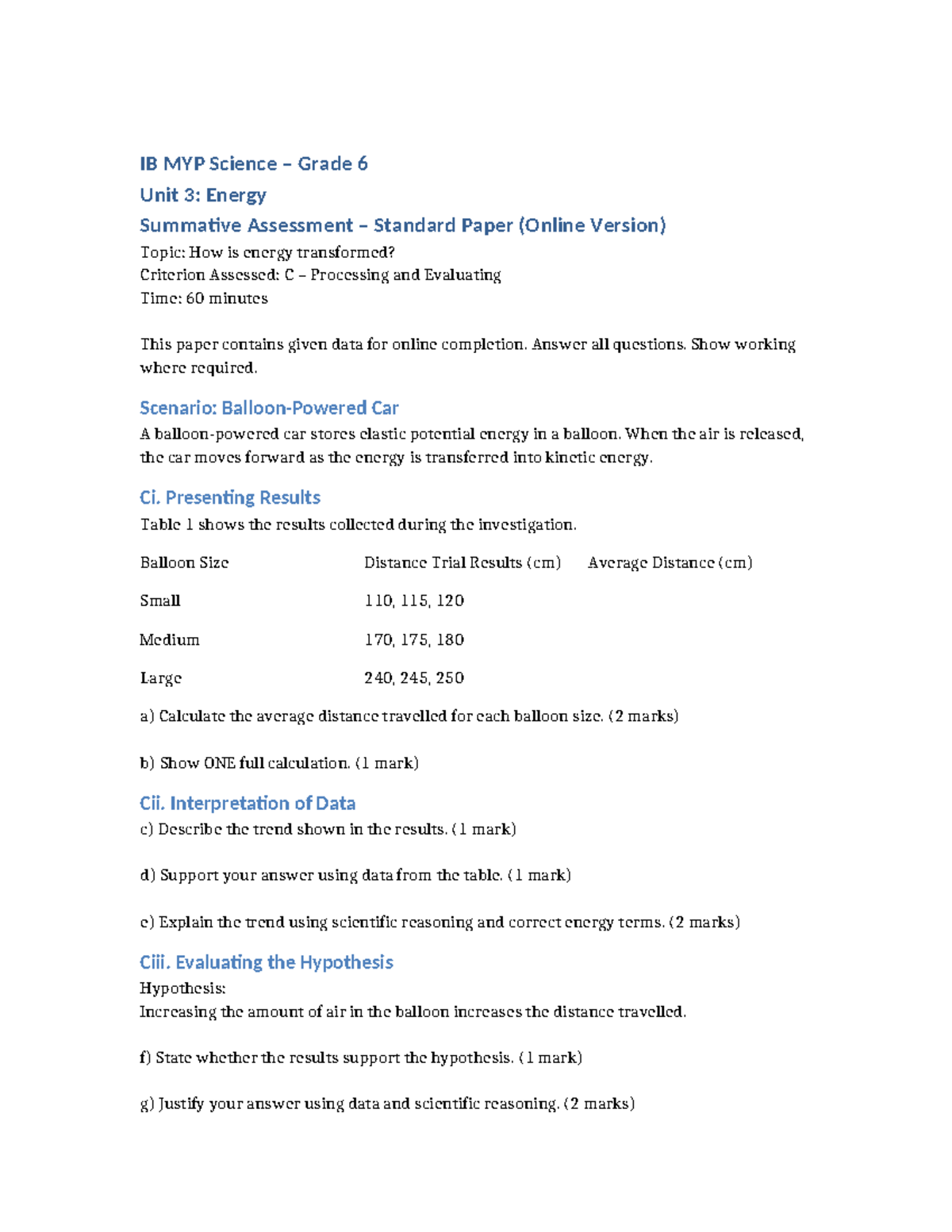 IB MYP Science Grade 6 Unit 3: Energy Summative Assessment Worksheet ...