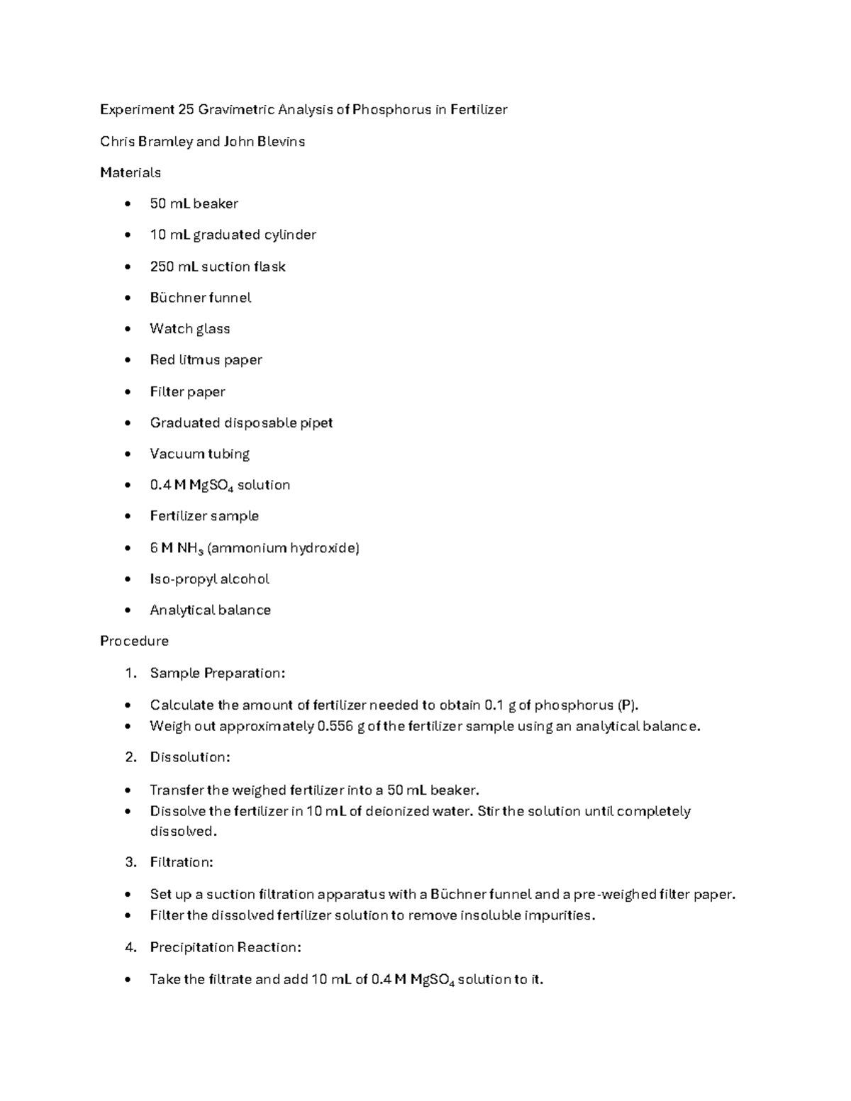 Experiment 25: Gravimetric Analysis of Phosphorus in Fertilizer (Lab ...