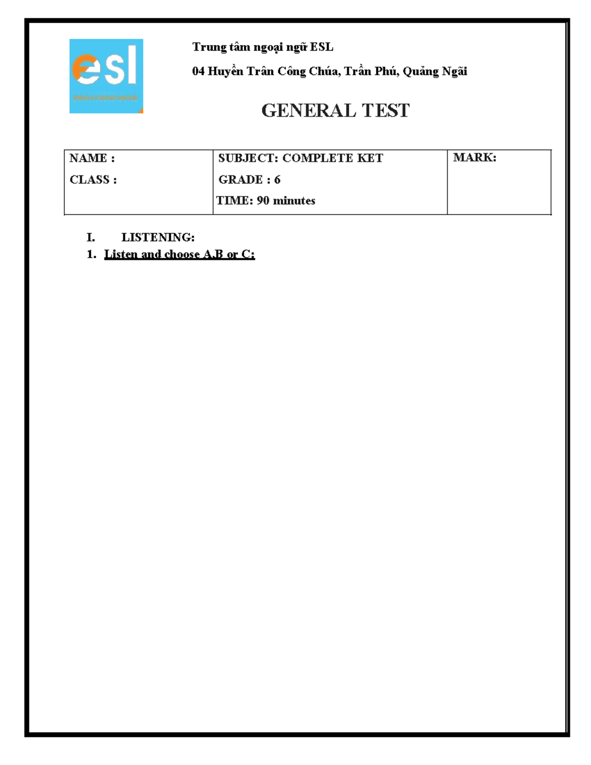 Complete KET Test for Units 1, 2, 3 - Grade 6 - Studocu