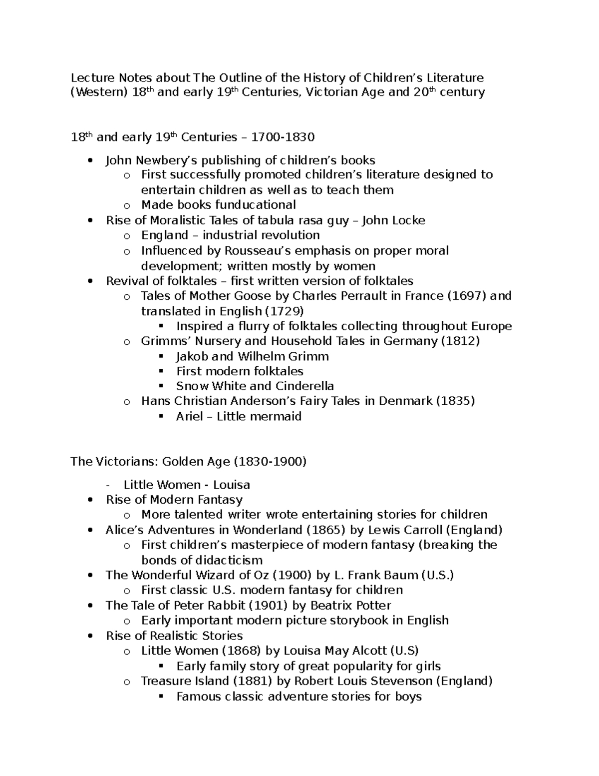 Lecture Notes: History of Children's Literature (18th-20th Centuries ...