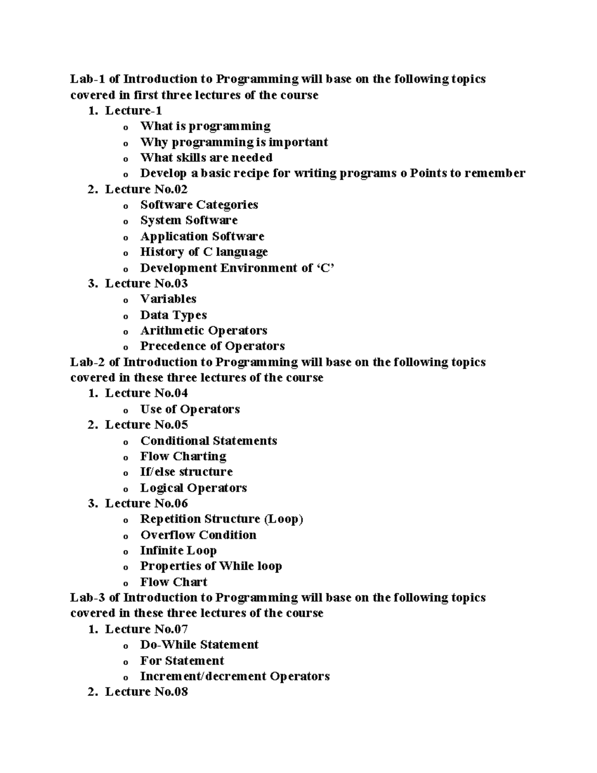 CS201 Course Outline: Introduction to Programming Lectures Overview - Studocu