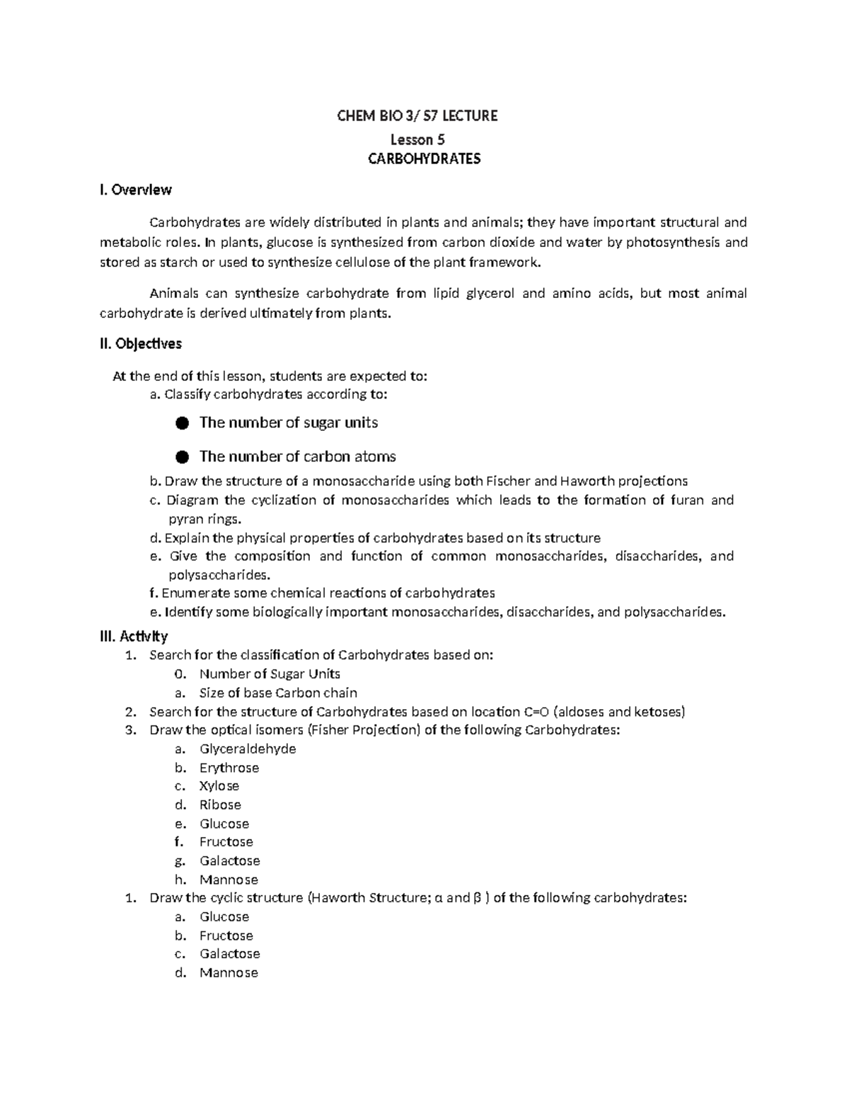 CHEM BIO 3/S7 Lec 5: Comprehensive Overview of Carbohydrates - Studocu
