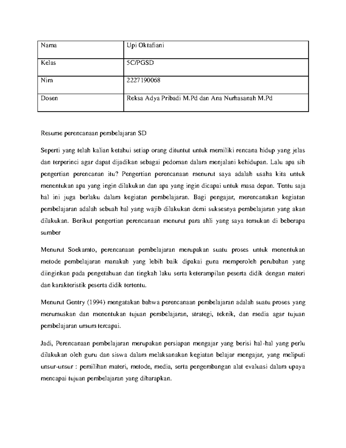 12 Resume Perencanaan Pembelajaran SD - Nama Upi Oktafiani Kelas 5C ...