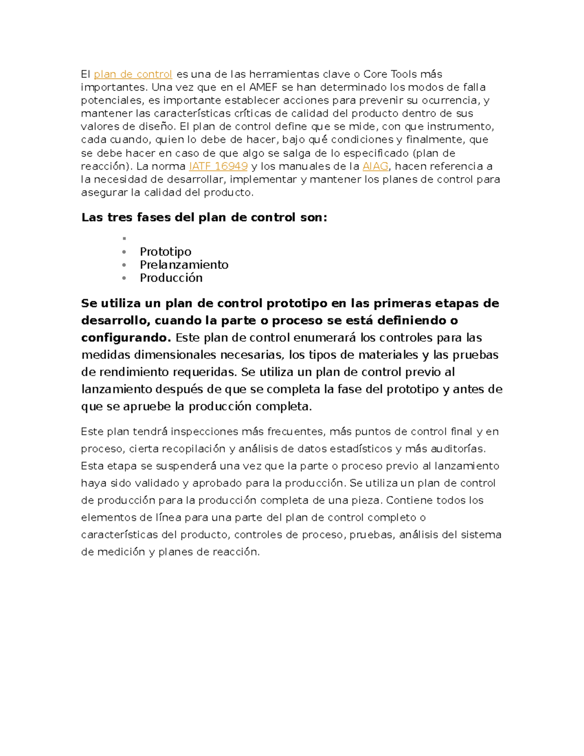 Plan de Control: Herramientas Clave y Fases en IATF 16949 - Studocu