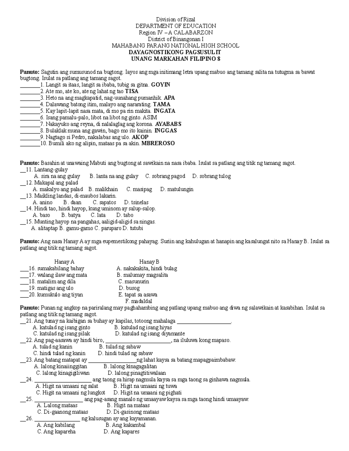 Filipino 8-Diagnostic Test - Unang Markahan na Pagsusulit - Studocu