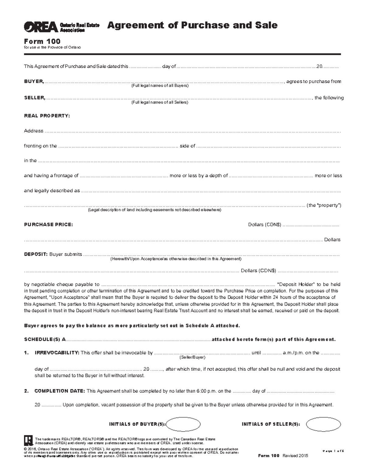 OREA Form 100: Agreement of Purchase & Sale - Ontario Real Estate - Studocu