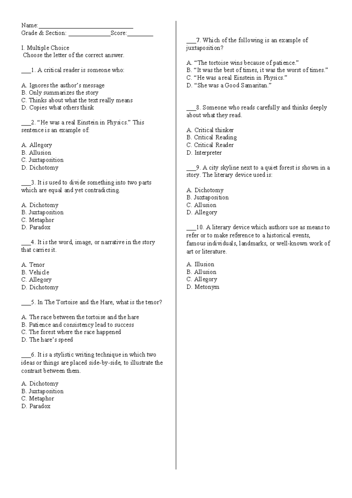 ENG 101: Multiple Choice Questions on Literary Techniques - Studocu