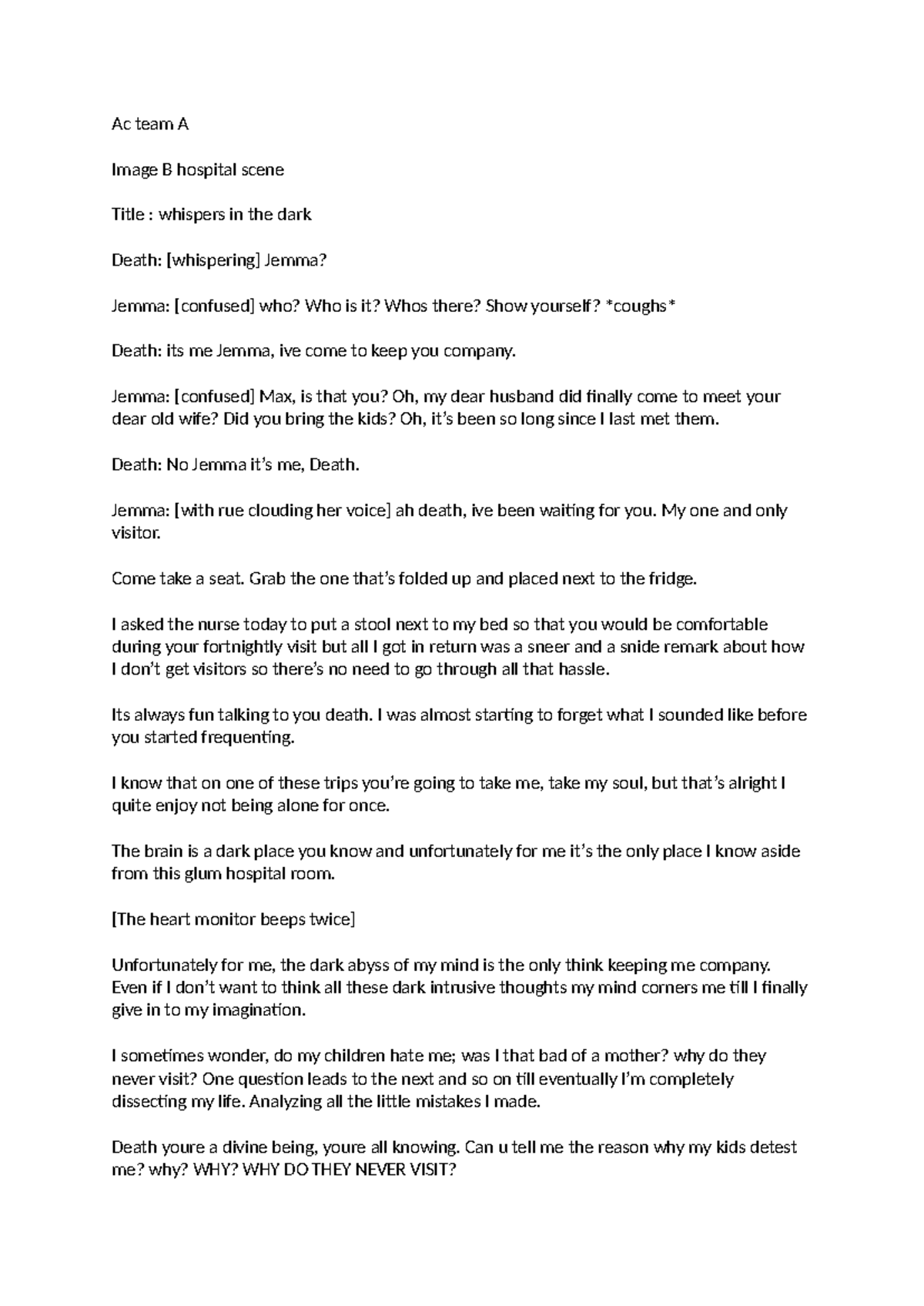 Team A Play: Whispers in the Dark - A Hospital Scene - Studocu