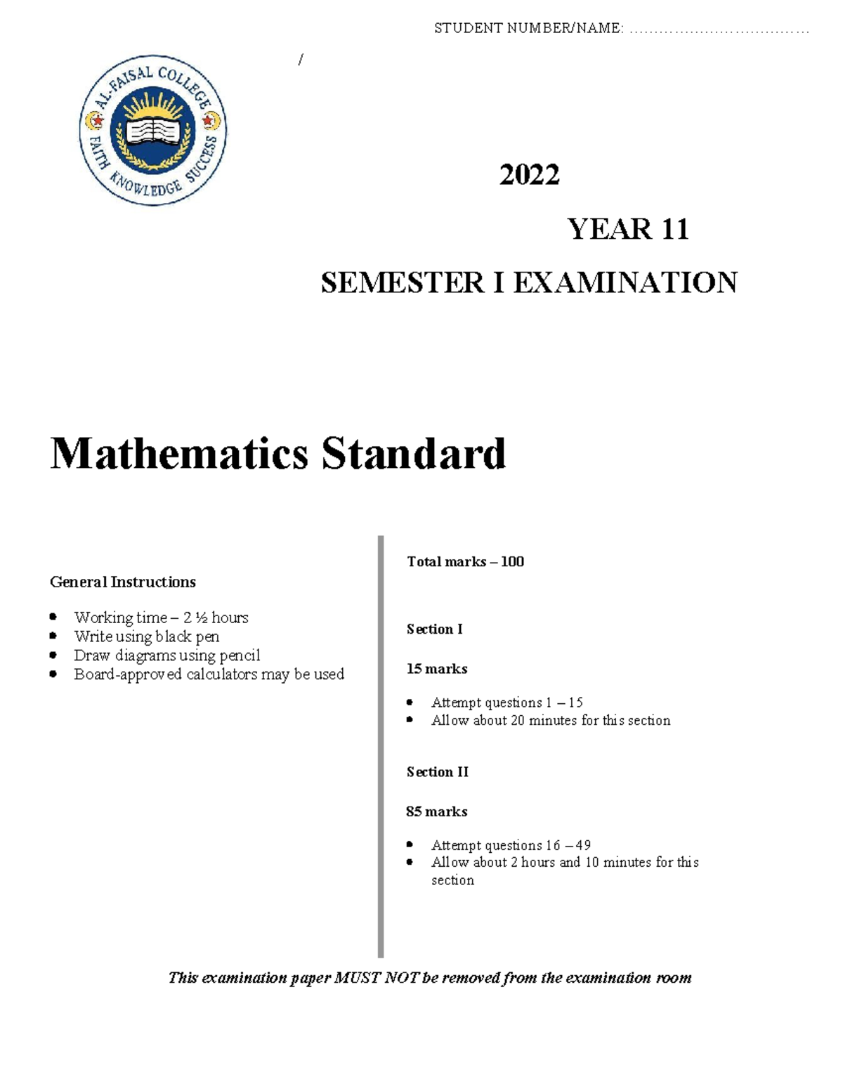 Year 11 Mathematics Standard Exam 2022 - Semester I - Studocu