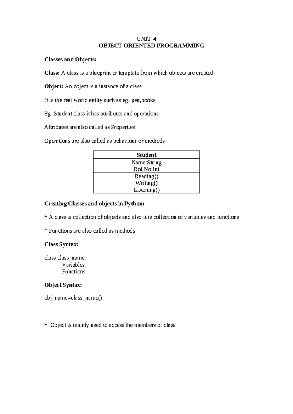 Python Unit-4: Understanding Classes and Objects in OOP - Studocu
