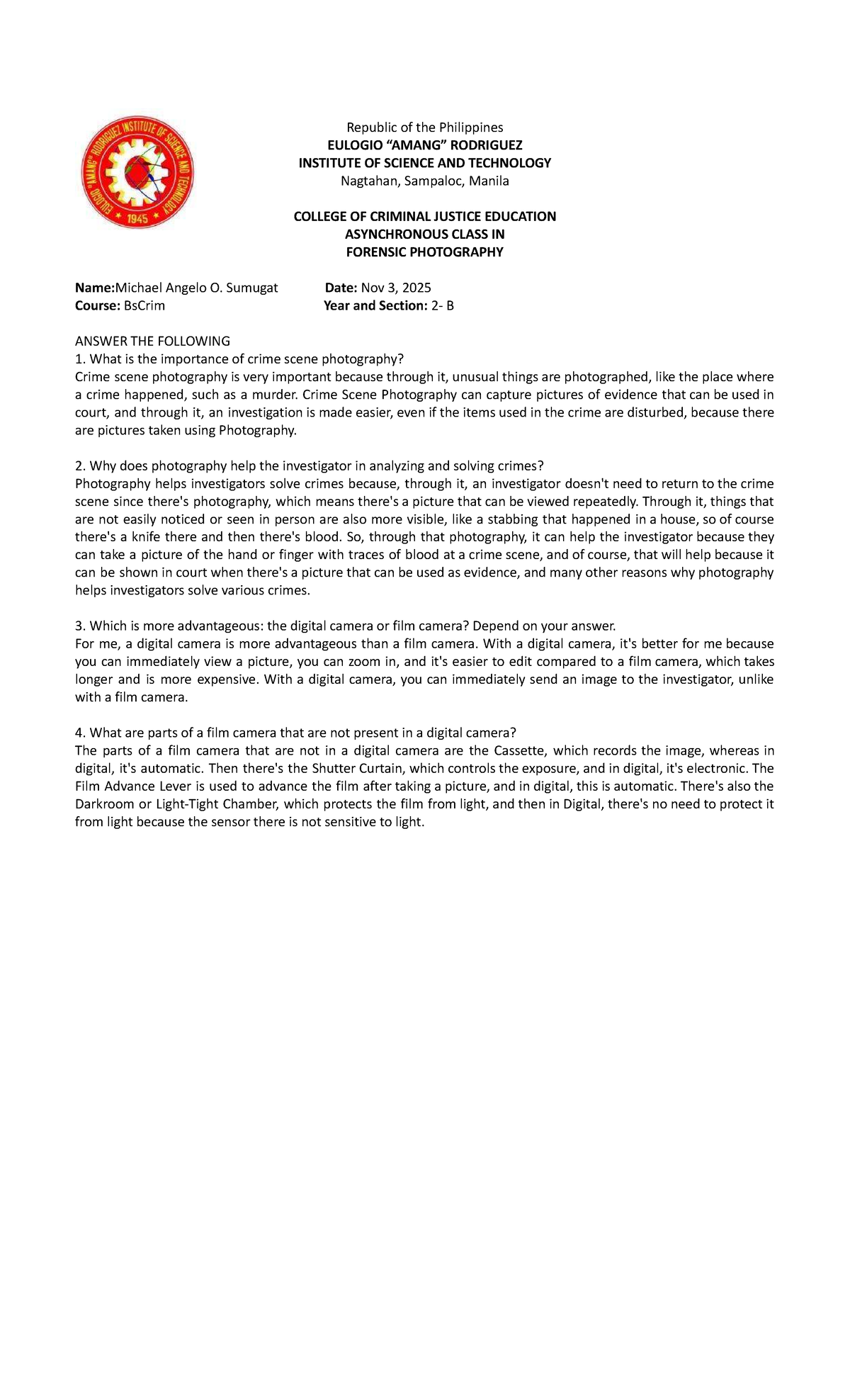 Forensic Photography Activity (BsCrim) - Michael Angelo O. - Studocu