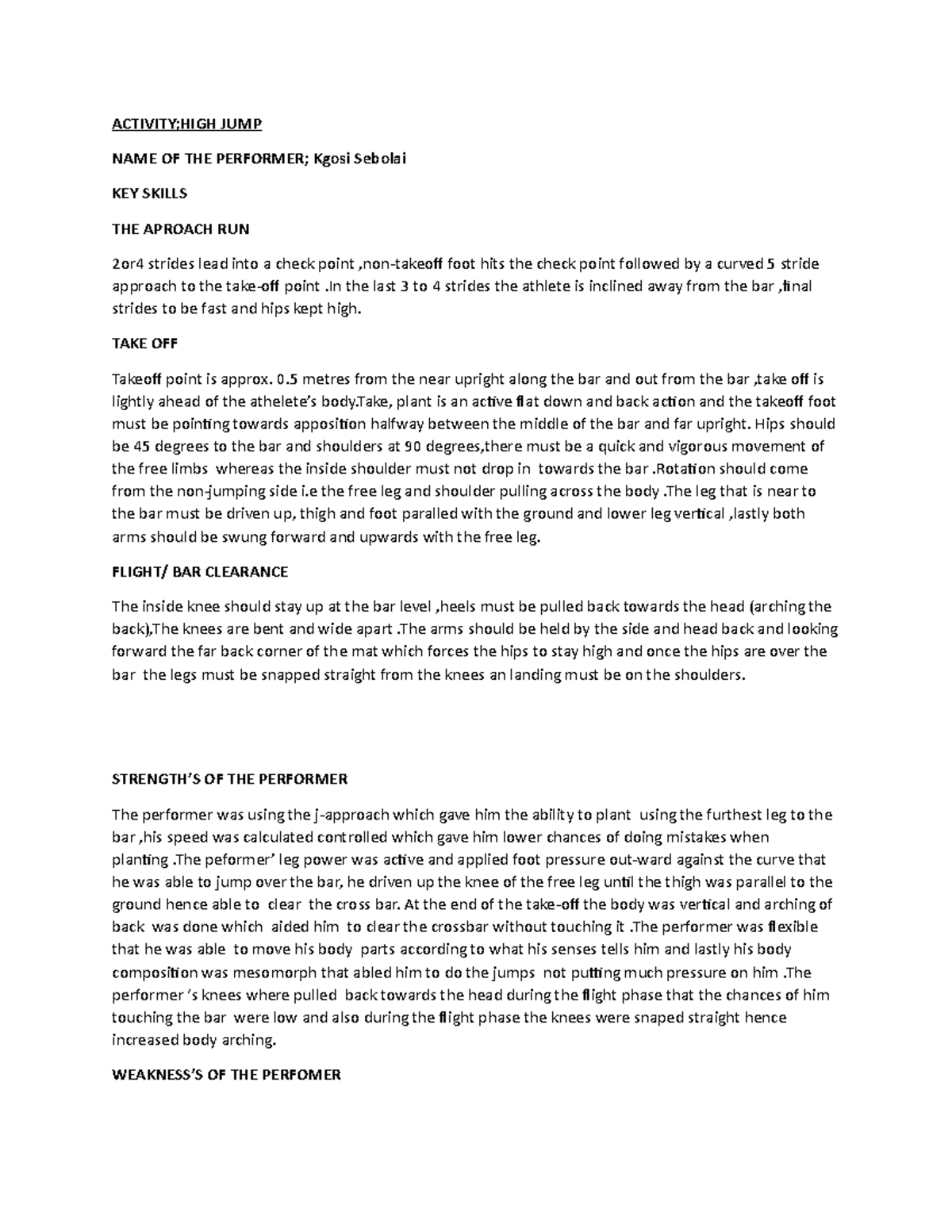 Factors Influencing High Jump & Gymnastics Performance Analysis - Studocu