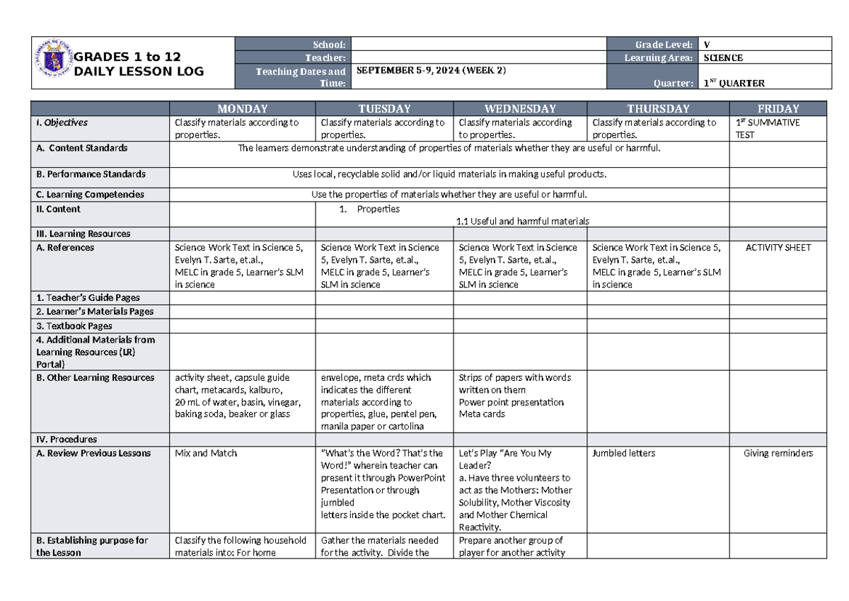 DLL Science 5 Q1 W2 - GRADES 1 to 12 DAILY LESSON LOG School: Grade ...
