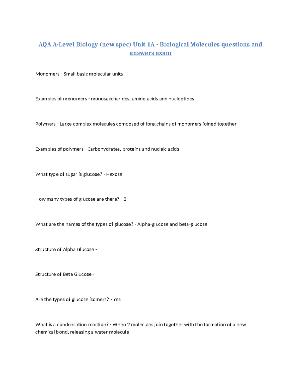 AQA A-Level Biology (new spec) Unit 1A: Biological Molecules Q&A Exam ...