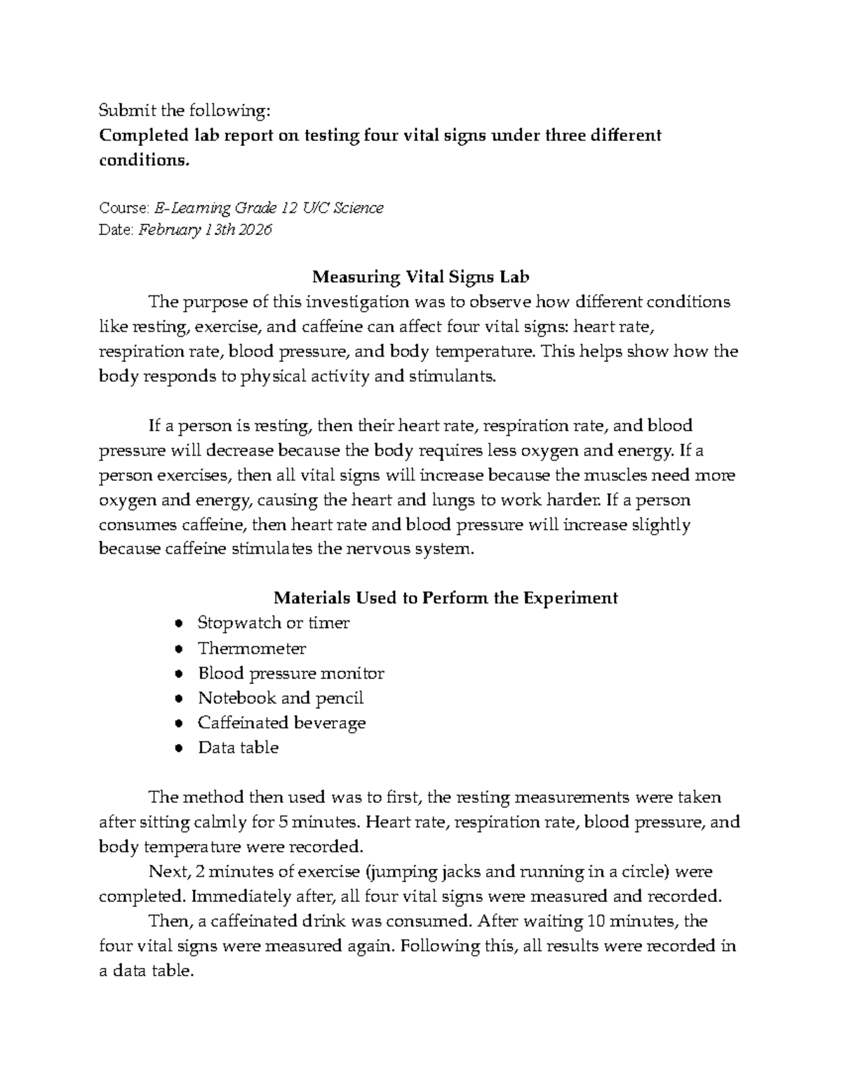 Grade 12 Science Lab Report: Measuring Vital Signs Under Conditions ...