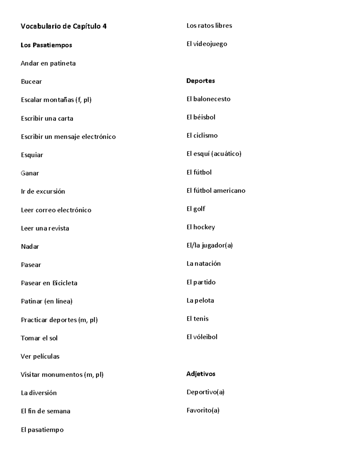 Vocabulario de Capítulo 4: Pasatiempos y Deportes en Español - Studocu