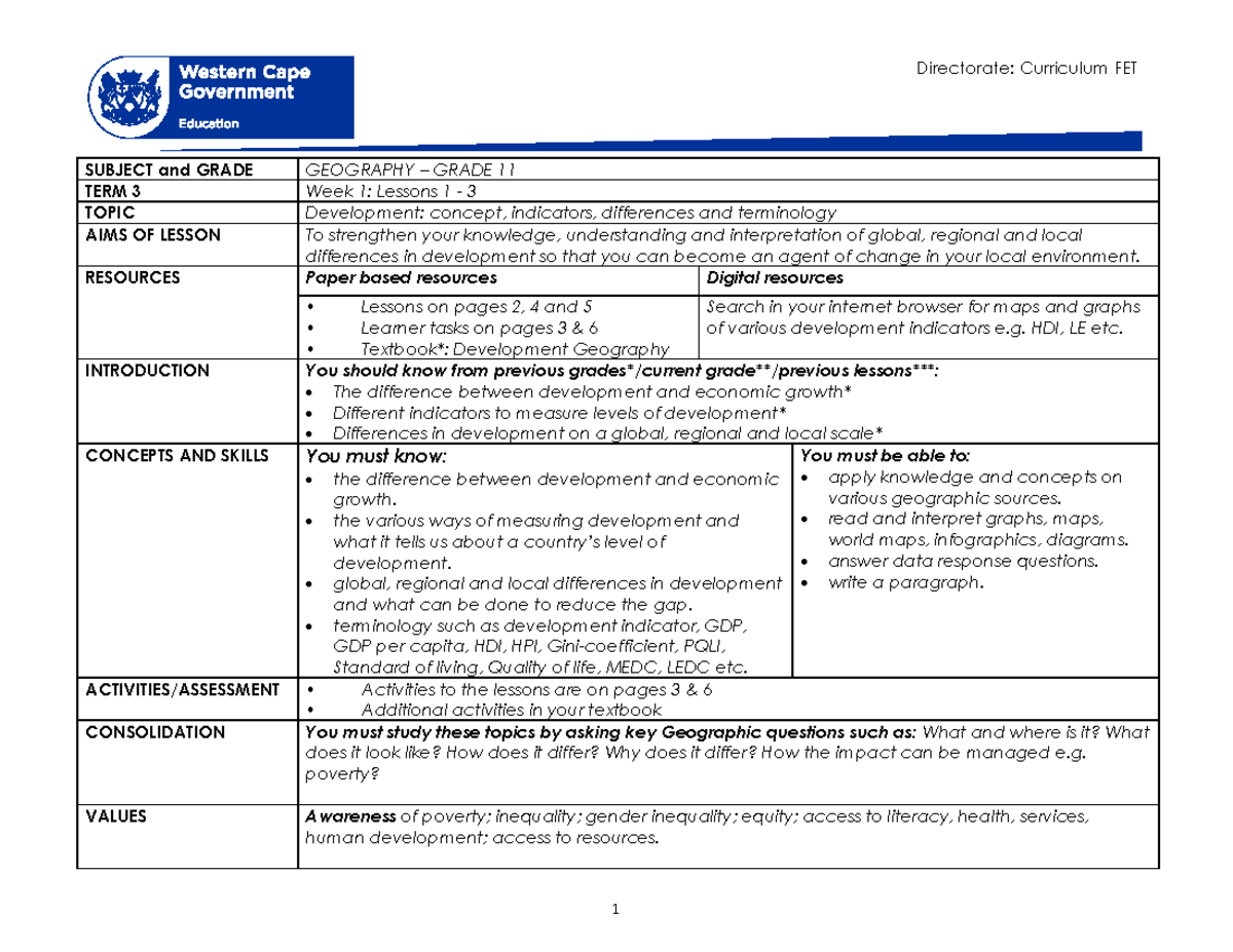 Grade 11 Geography T3 Lessons 1-3: Understanding Development - Studocu