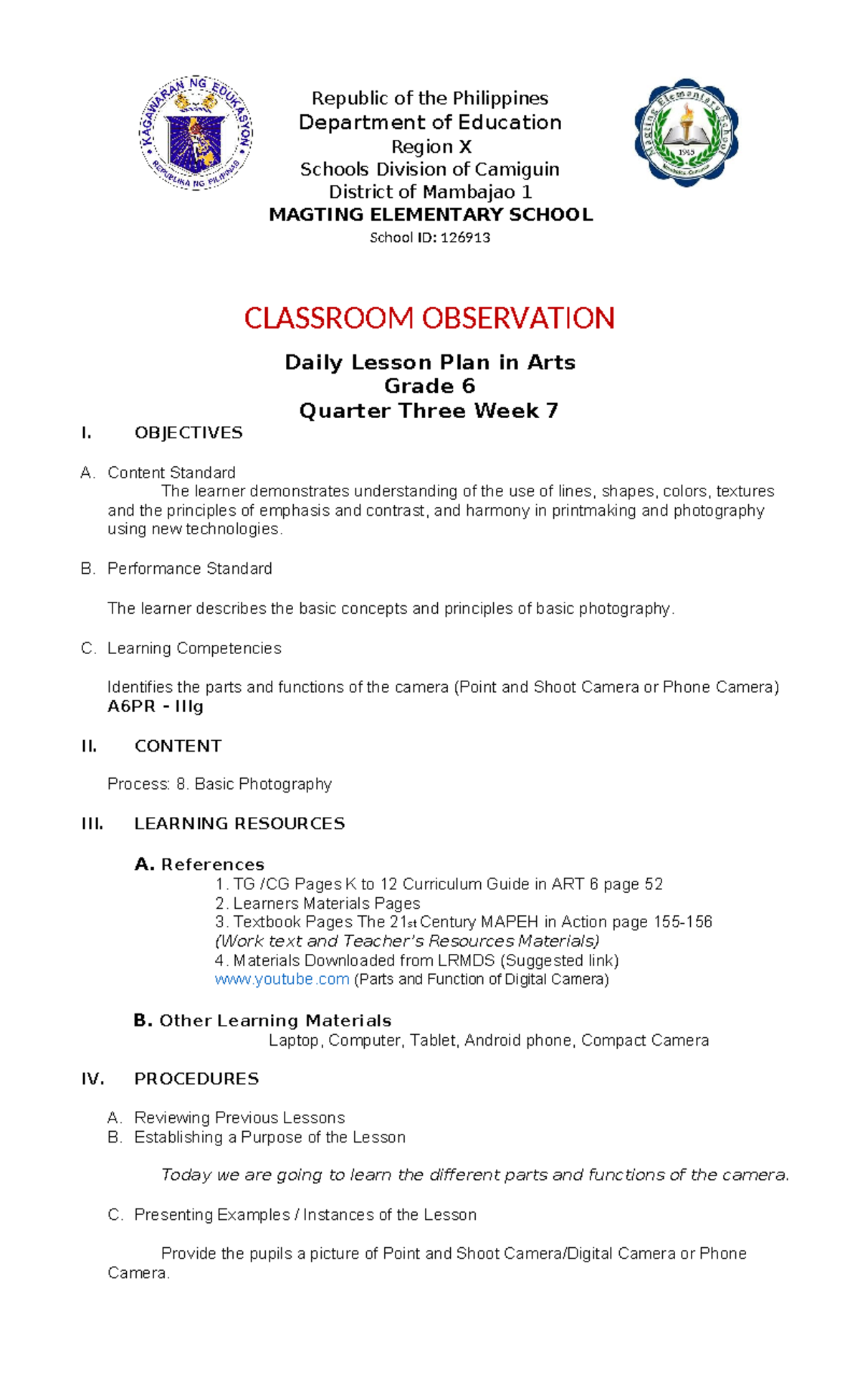 COT-MAPEH-ARTS: Grade 6 Daily Lesson Plan on Basic Photography - Studocu
