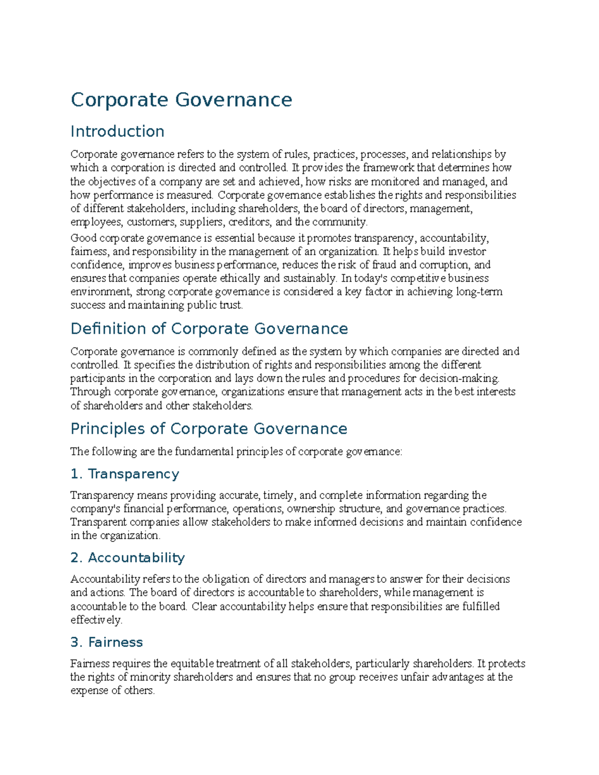 Corporate Governance Overview: Principles and Key Participants - Studocu