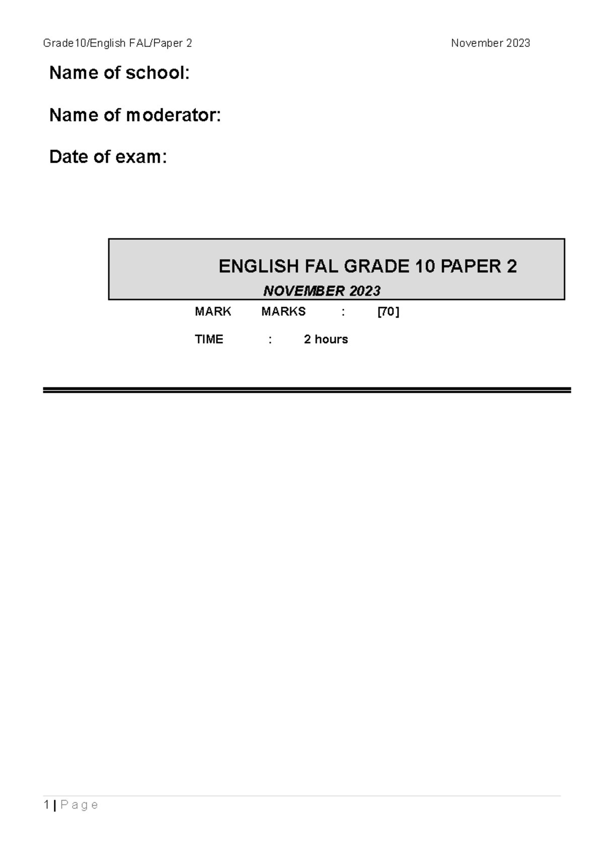 English FAL Grade 10 Paper 2 Exam Questions and Instructions - Nov 2023 ...
