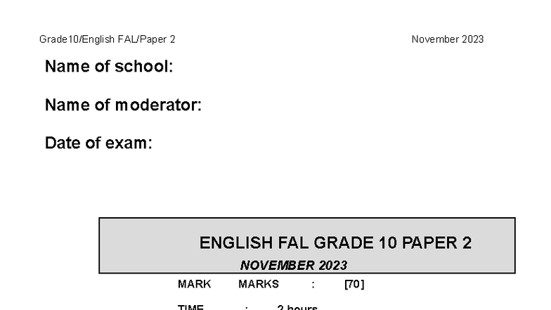 English FAL Grade 10 Paper 2 Exam Questions and Instructions - Nov 2023 ...