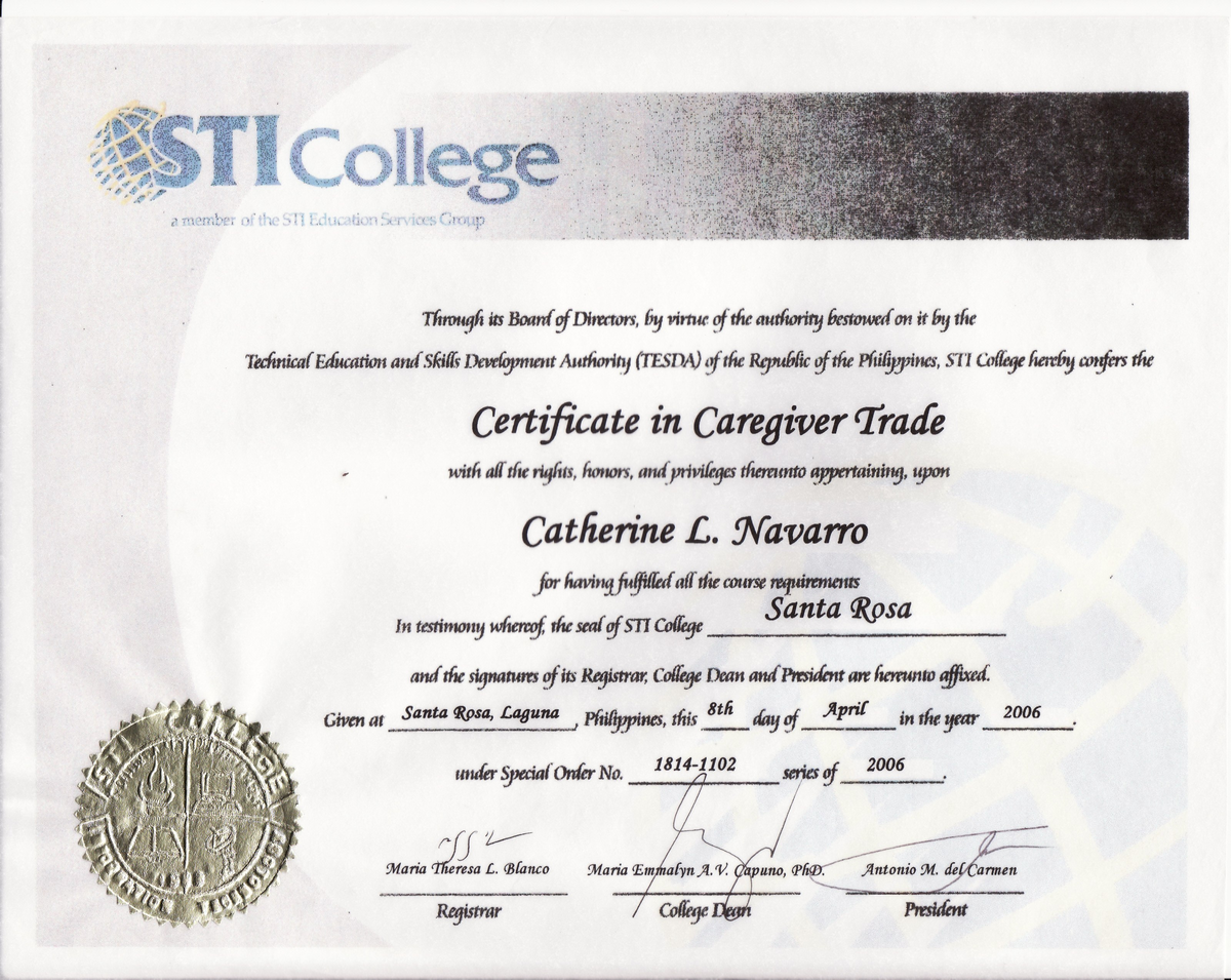 STI College Certificate in Caregiver Trade - April 2006 - Studocu