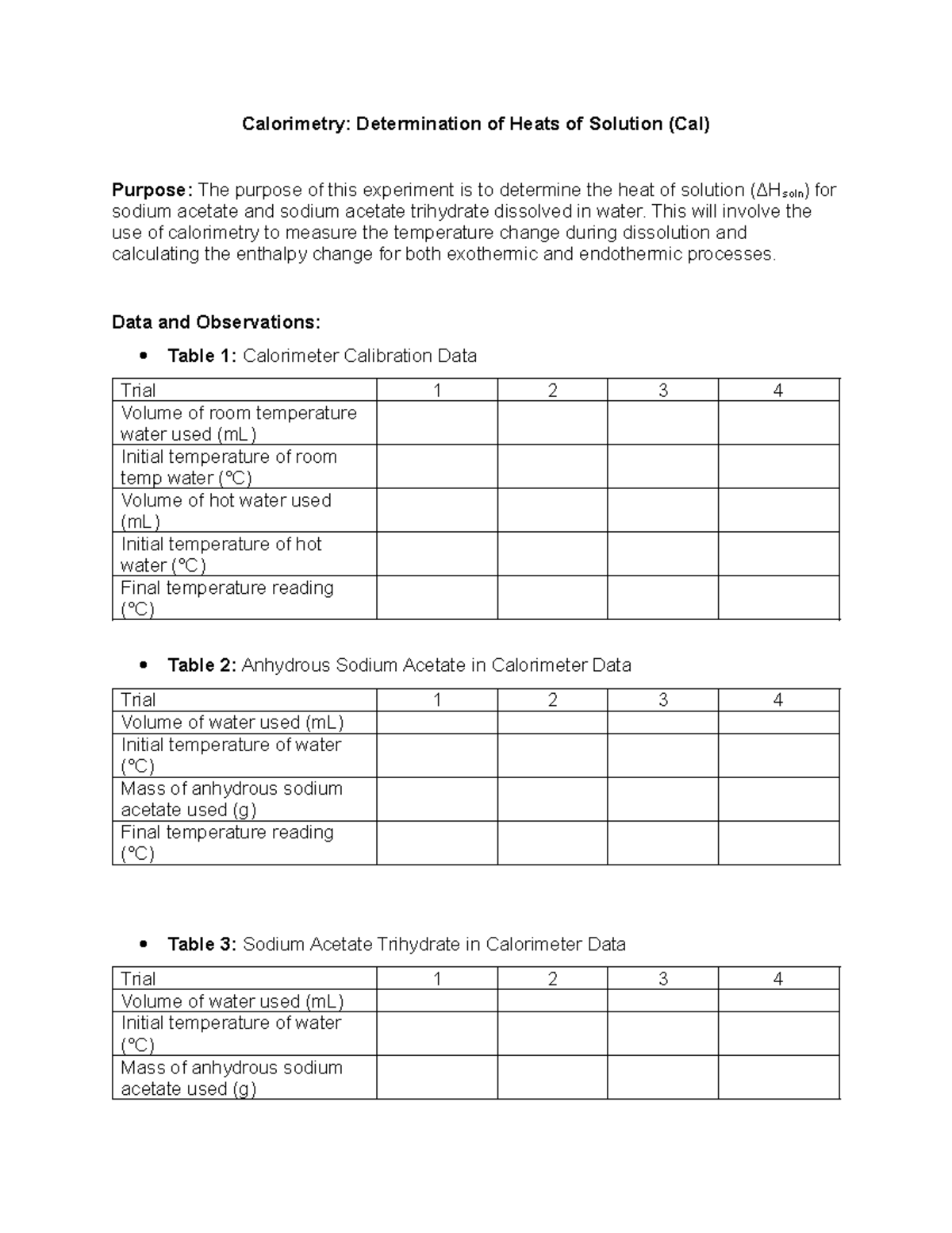Cal Prelab - Calorimetry Pre Lab paper - Calorimetry: Determination of Heats of Solution (Cal ...