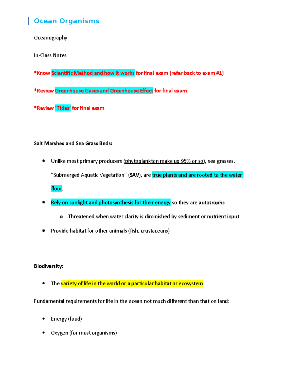 Oceanography In-Class Notes: Ocean Organisms & Exam Prep - Studocu