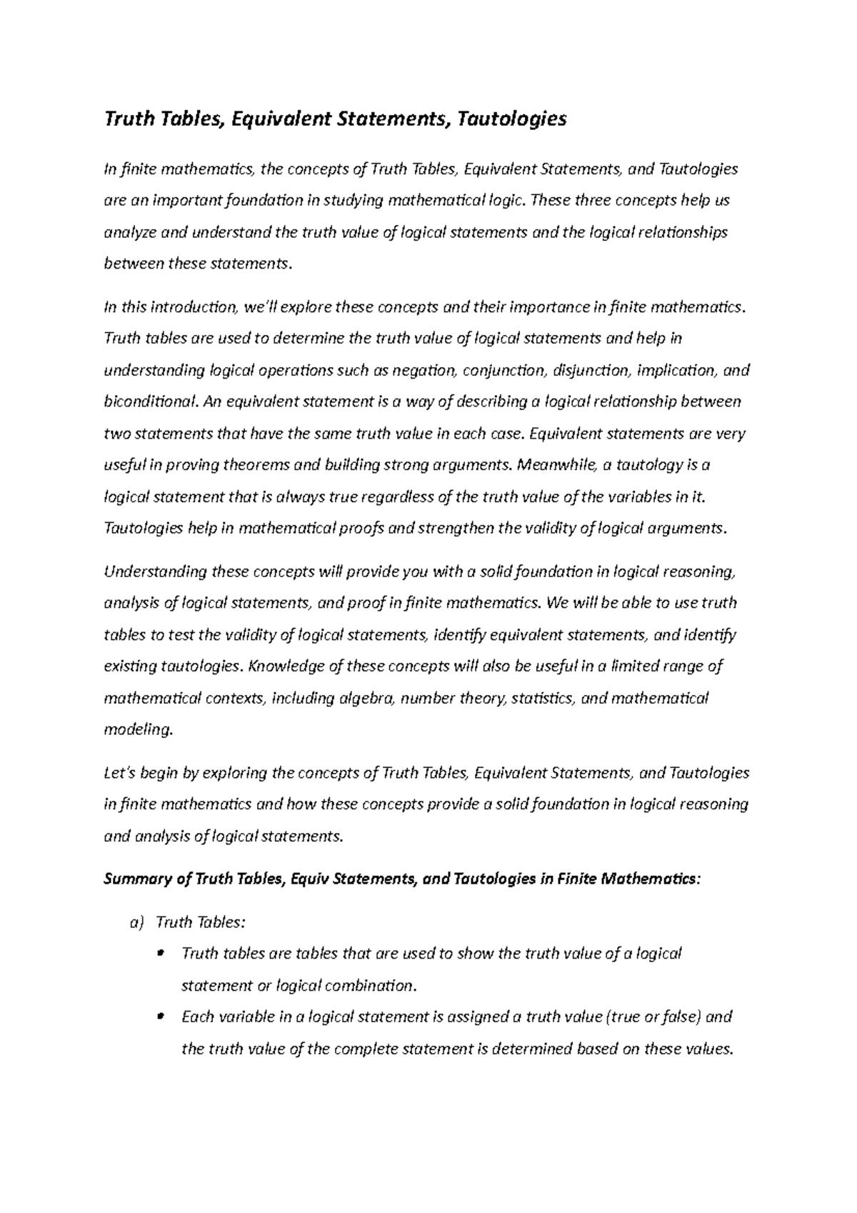 Finite Mathematics: Truth Tables, Equivalent Statements, & Tautologies ...