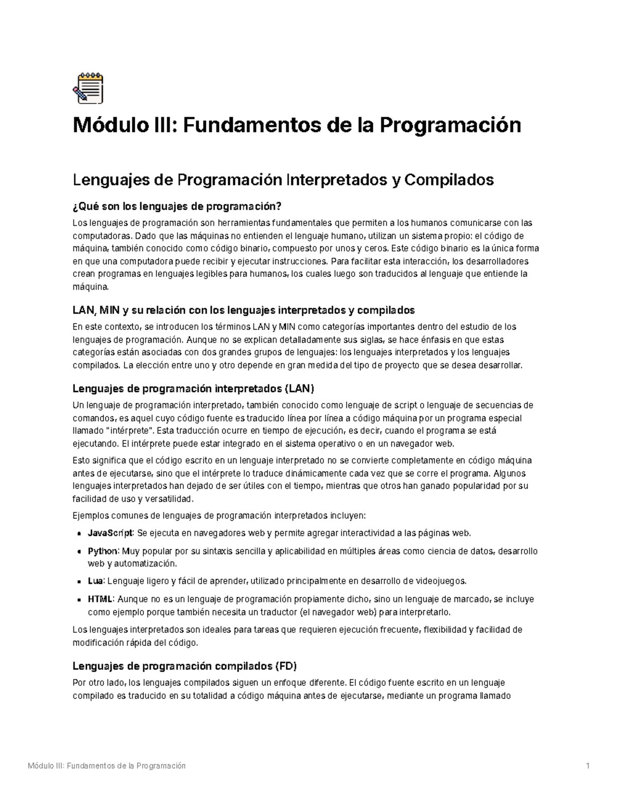Módulo Fundamentos de la Programación: Lenguajes, Algoritmos y POO - Studocu