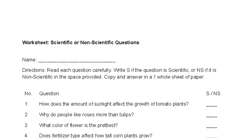 Worksheet: Scientific vs Non-Scientific Questions Analysis - Studocu