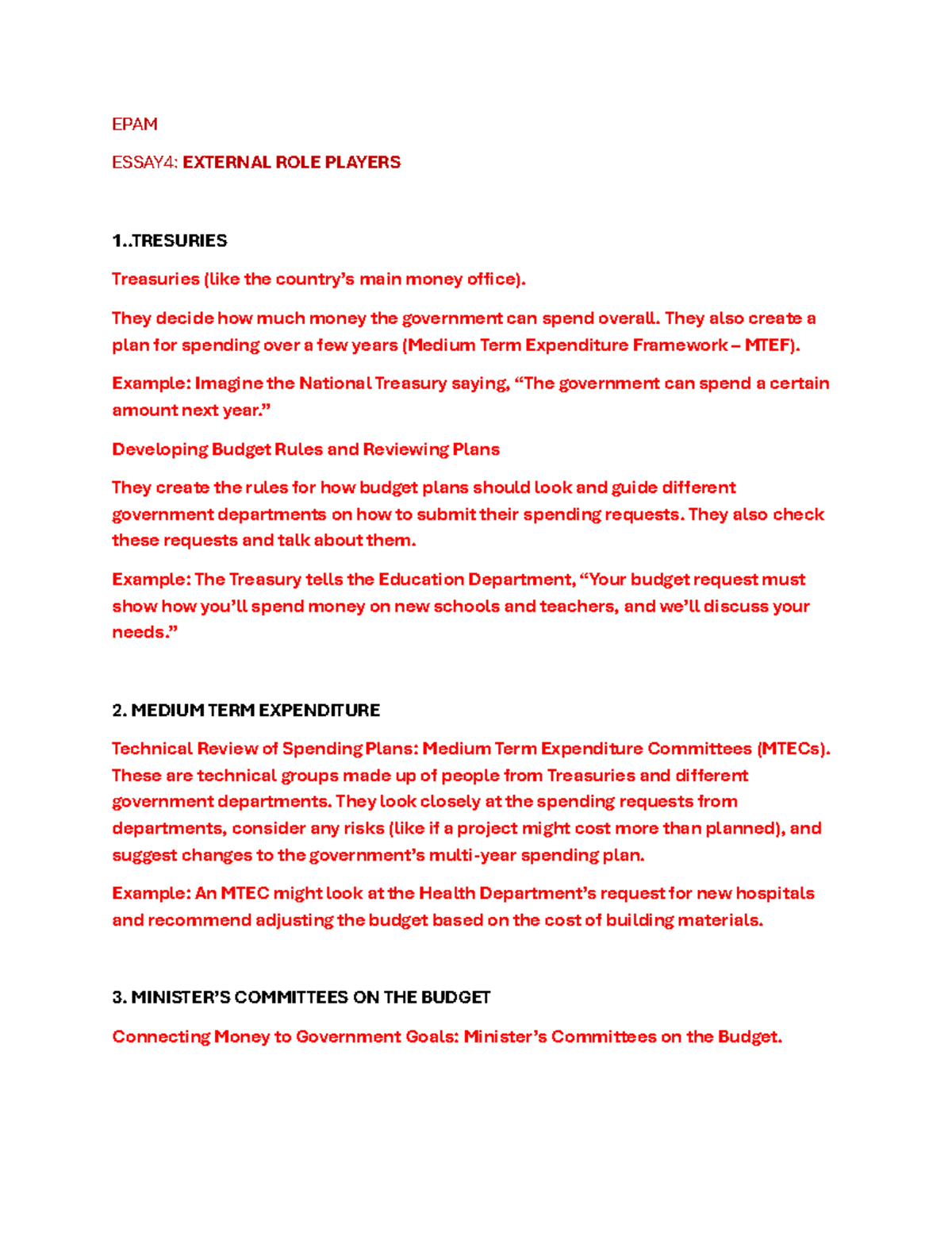 EPAM ESSAY4: External Role Players in Budgeting and Finance - Studocu