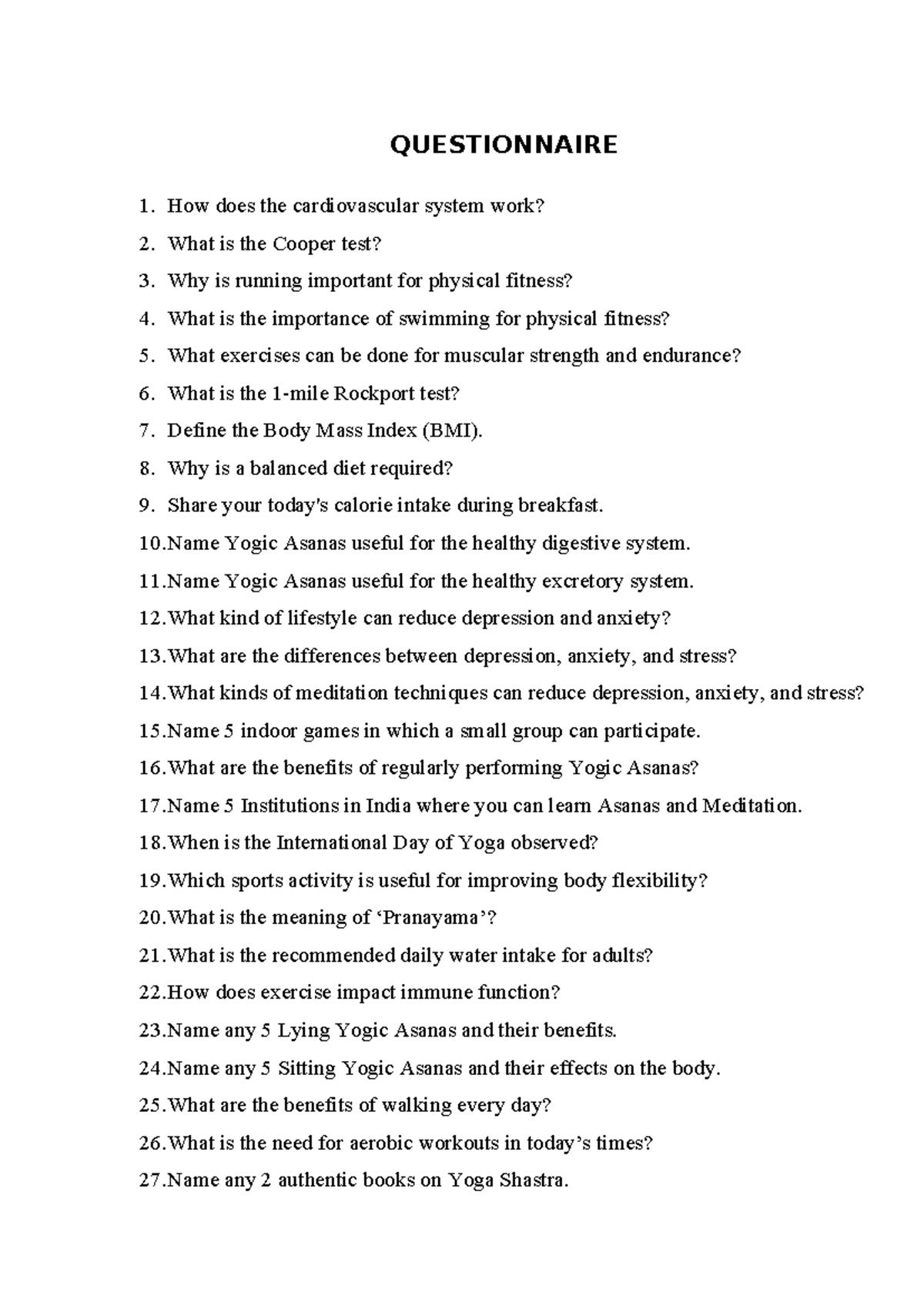 Physical Fitness & Wellness Questionnaire (PE 101) - Studocu