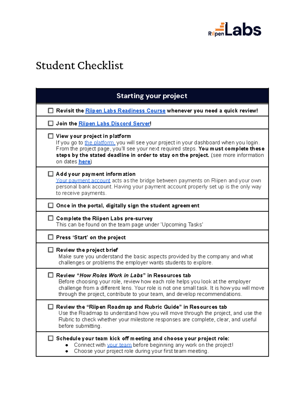 Riipen Labs Student Checklist: Project Preparation Guide - Studocu