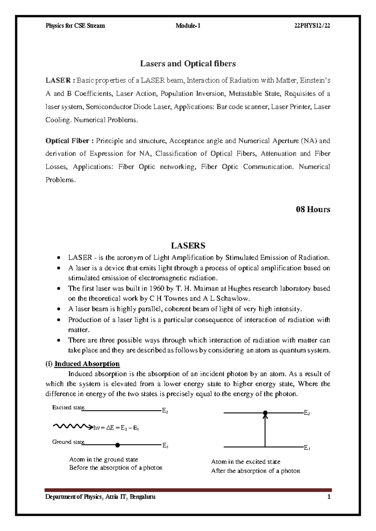 Module-1 Lasers and Optical fibers notes - Lasers and Optical fibers ...