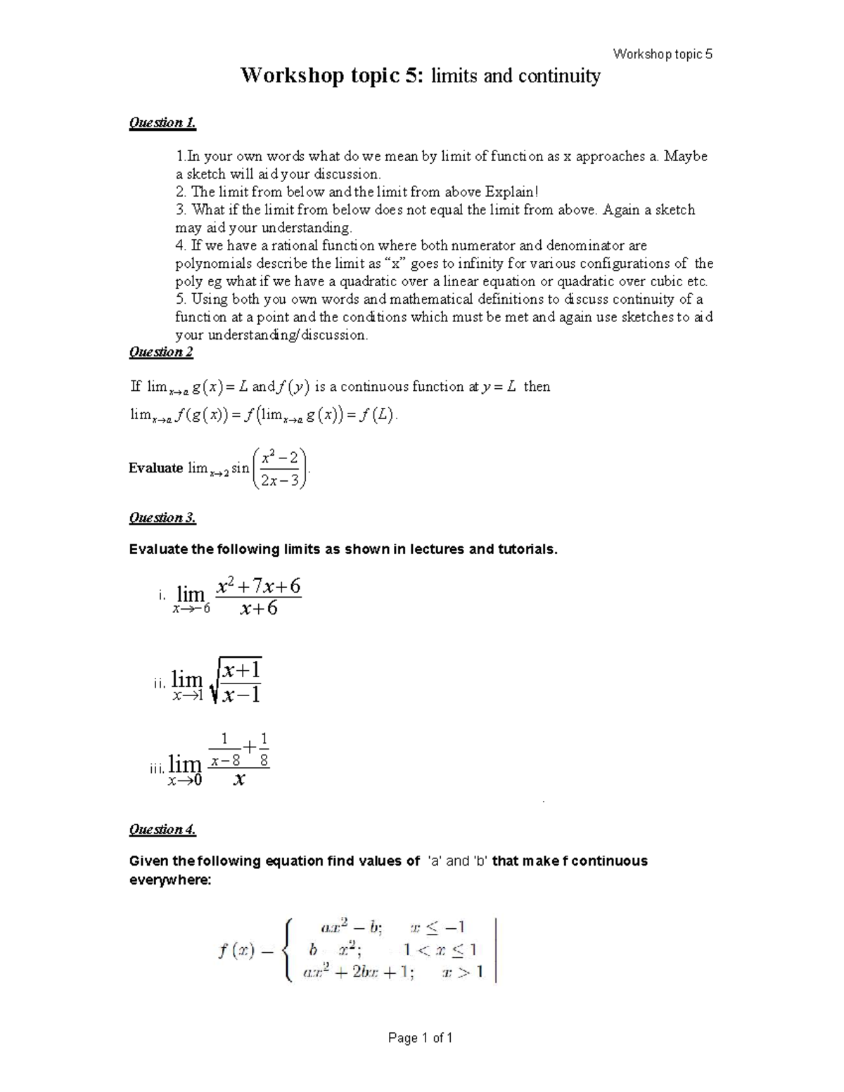 Foundations of Calculus Topic 5: Continuity and Limits Workshop Notes ...