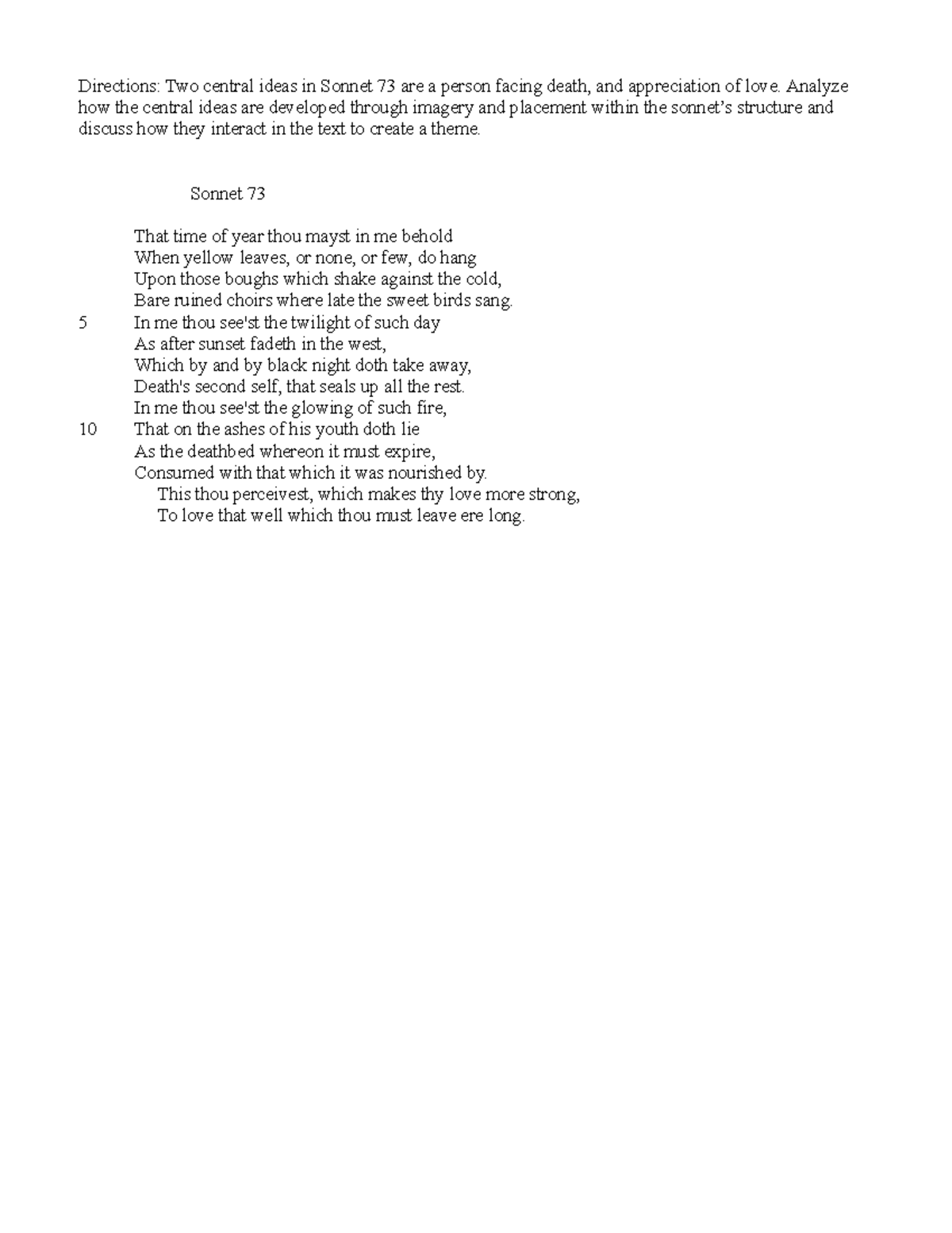Sonnet 73 TDA Analysis: Themes of Death and Love - Studocu