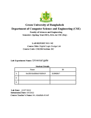 DLD lab - 1. TITLE OF THE LAB REPORT EXPERIMENT Implementing All ...