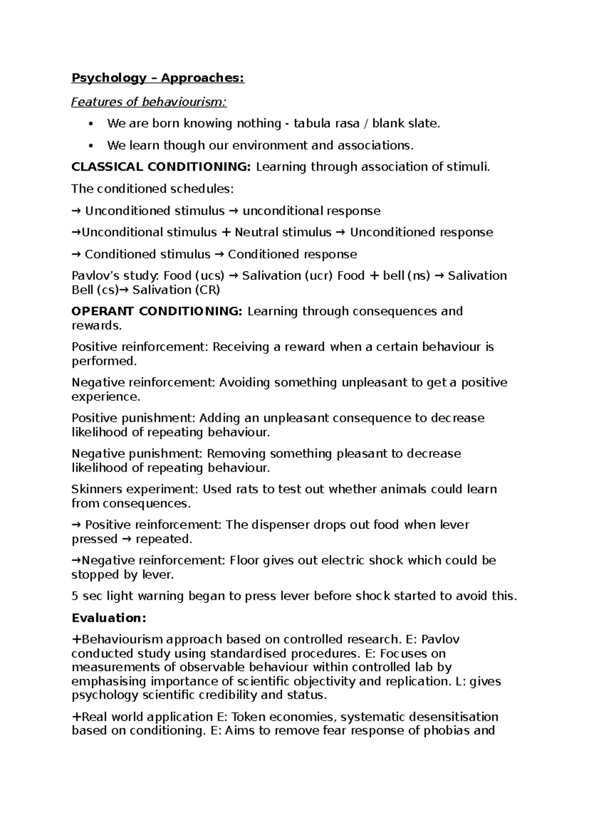 Psychology Approaches: Key Features of Behaviorism and Learning ...