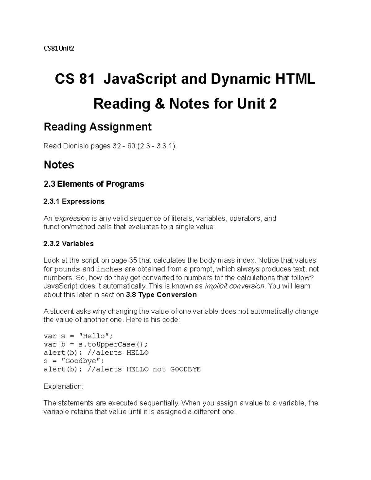 CS81Unit2 - module - CS81Unit2 CS 81 JavaScript and Dynamic HTML ...