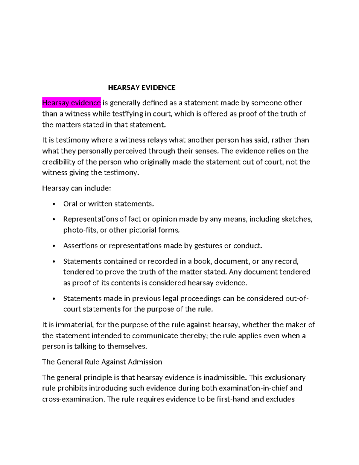 Evidence Law: HEARSAY EVIDENCE & Legal Burden of Proof (JESS Notes ...