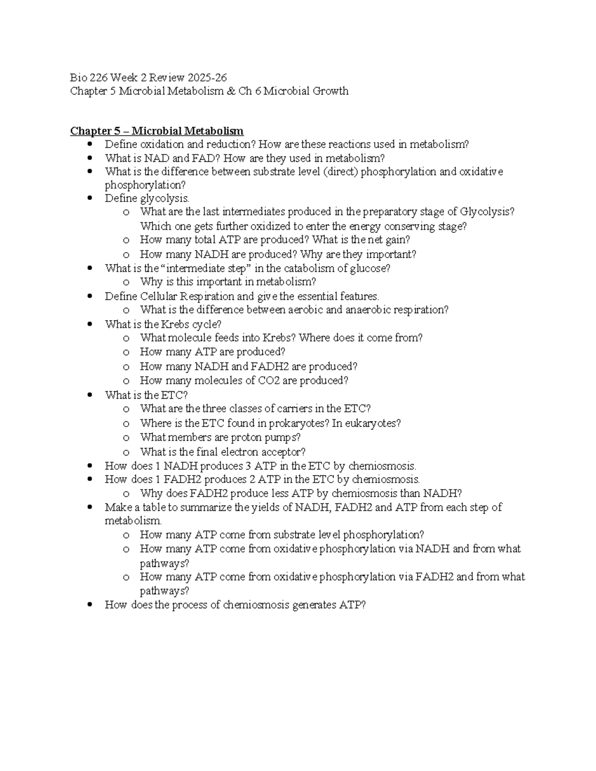 Bio 226 Wk 2 Review: Metabolism & Microbial Growth Concepts - Studocu
